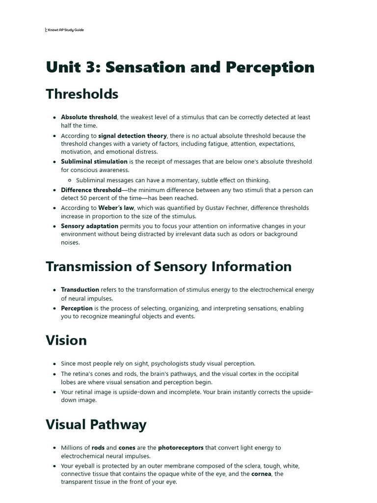 Unit 3 - Sensation and Perception | PDF | Senses | Auditory System