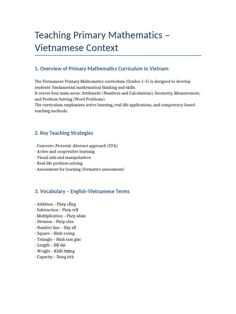 Teaching Primary Math Vietnamese Context | PDF