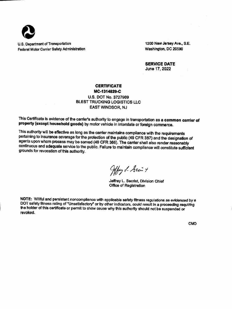 MC Authority Certificate for Trucking | PDF