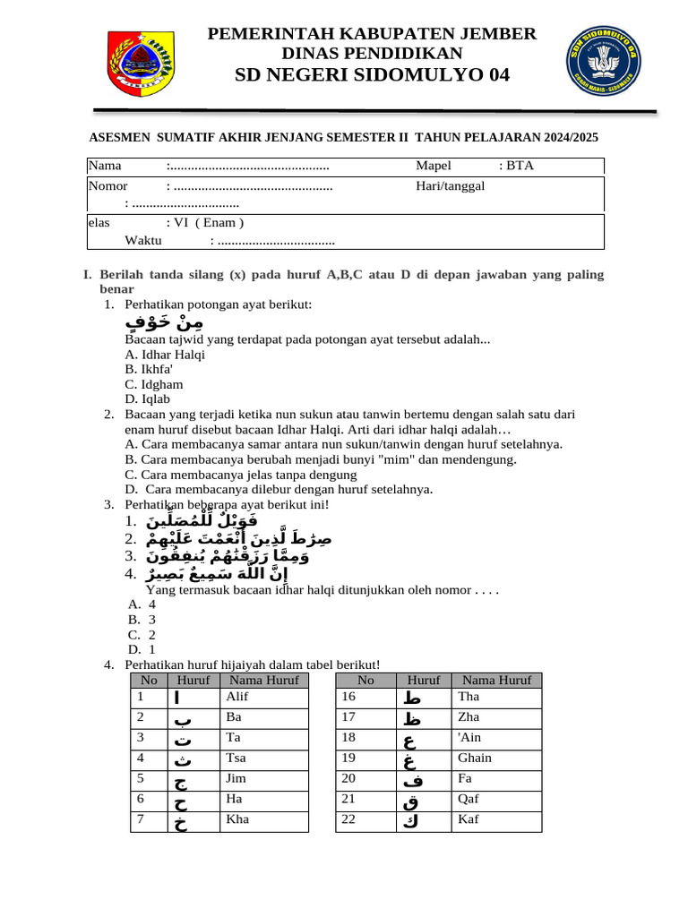 SOAL ASAJ KELAS 6 BTA 2025 | PDF