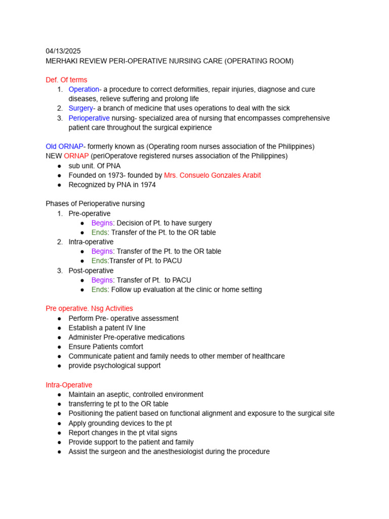 PERIOperative Nursing Care | PDF | Anesthesia | Surgery