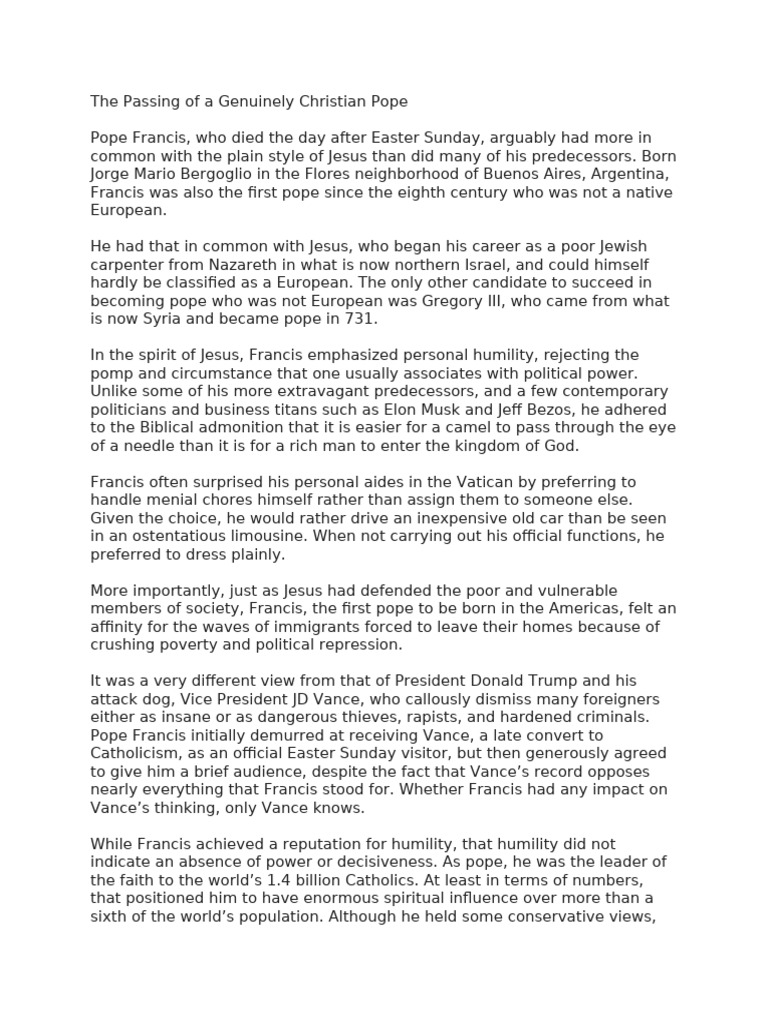 SUBSTACK- Passing of a Genuinely Christian Pope | PDF | Pope Francis | Pope