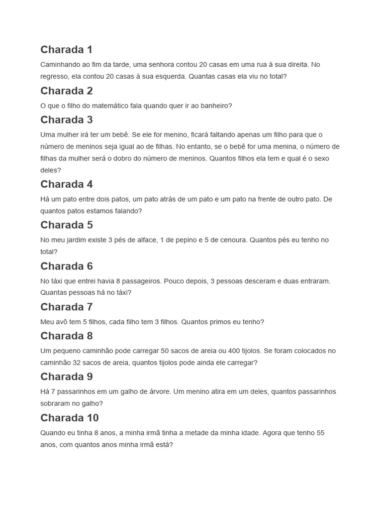 Charadas Matemáticas e Lógicas Diversas | PDF