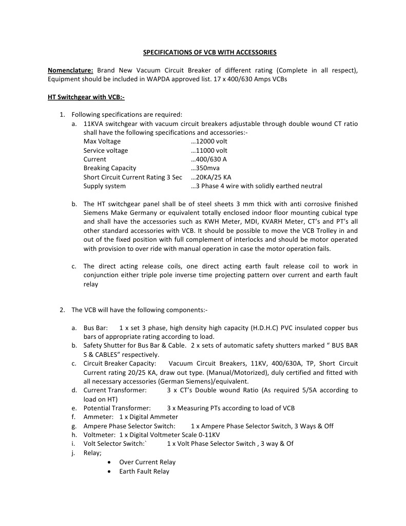 VCB Specifications & Accessories Guide | PDF | Relay | Electric Current