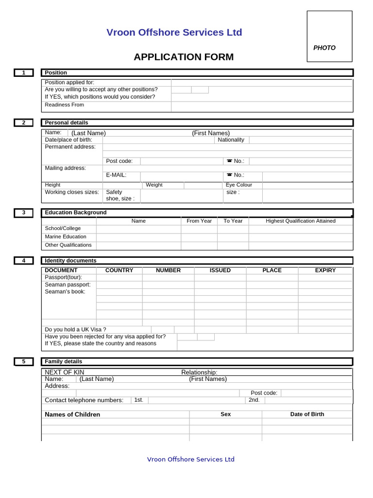 Vroon Offshore Job Application Form | PDF | Travel Visa | Passport