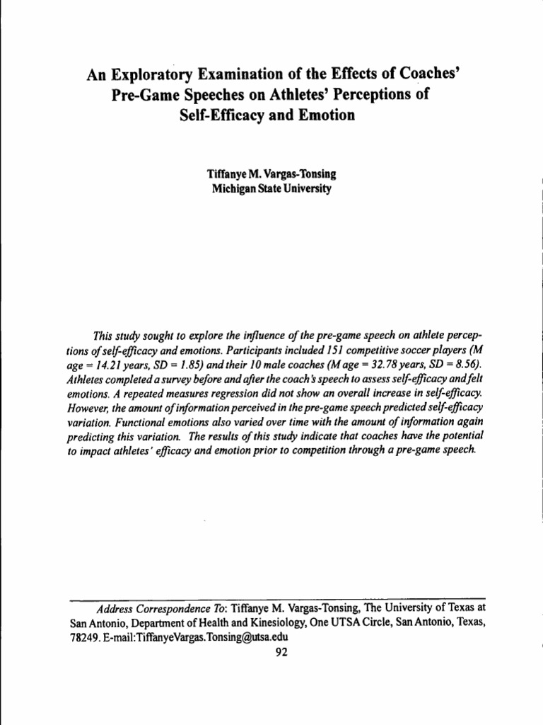 Coaches' Pre-Game Speeches Impact on Athletes | PDF | Self Efficacy ...