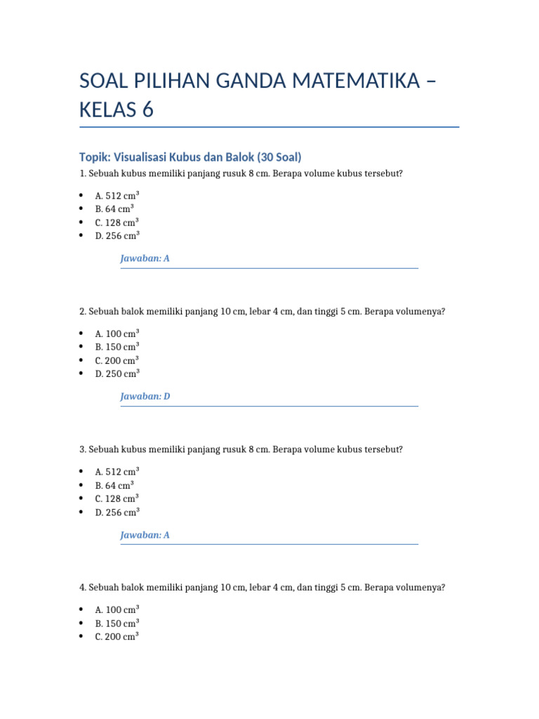 Soal PG Matematika Kelas 6 Kubus Dan Balok 30 Soal | PDF