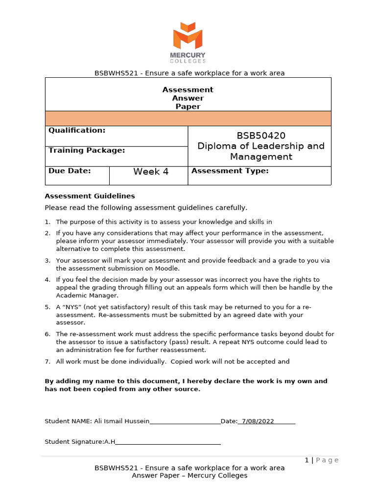 BSBWHS521 Assessment Guide | PDF | Occupational Safety And Health | Safety