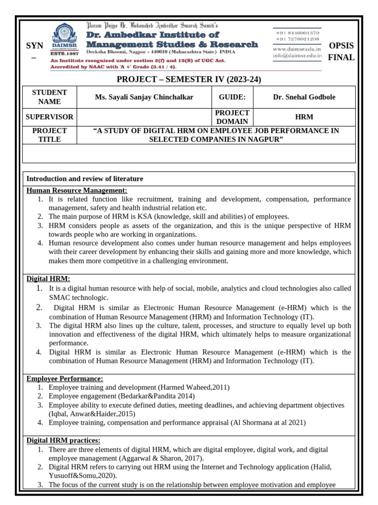 2023-24 Synopsis Format | PDF | Human Resource Management | Performance Appraisal