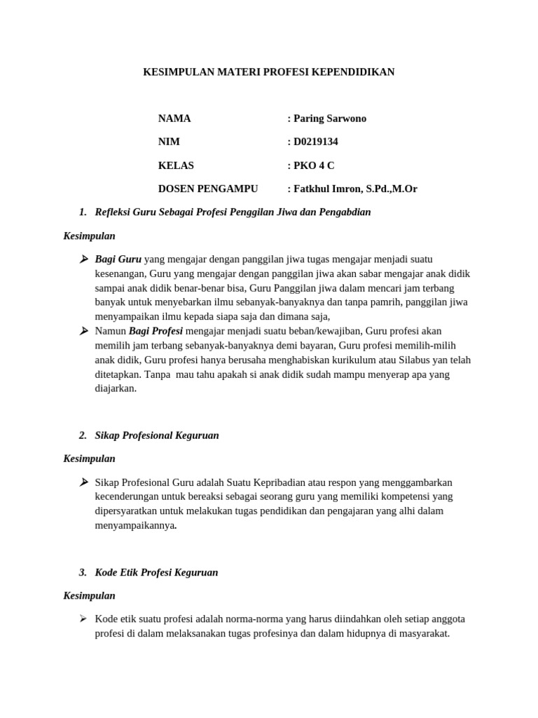 Kesimpulan Materi Profesi Kependidikan | PDF