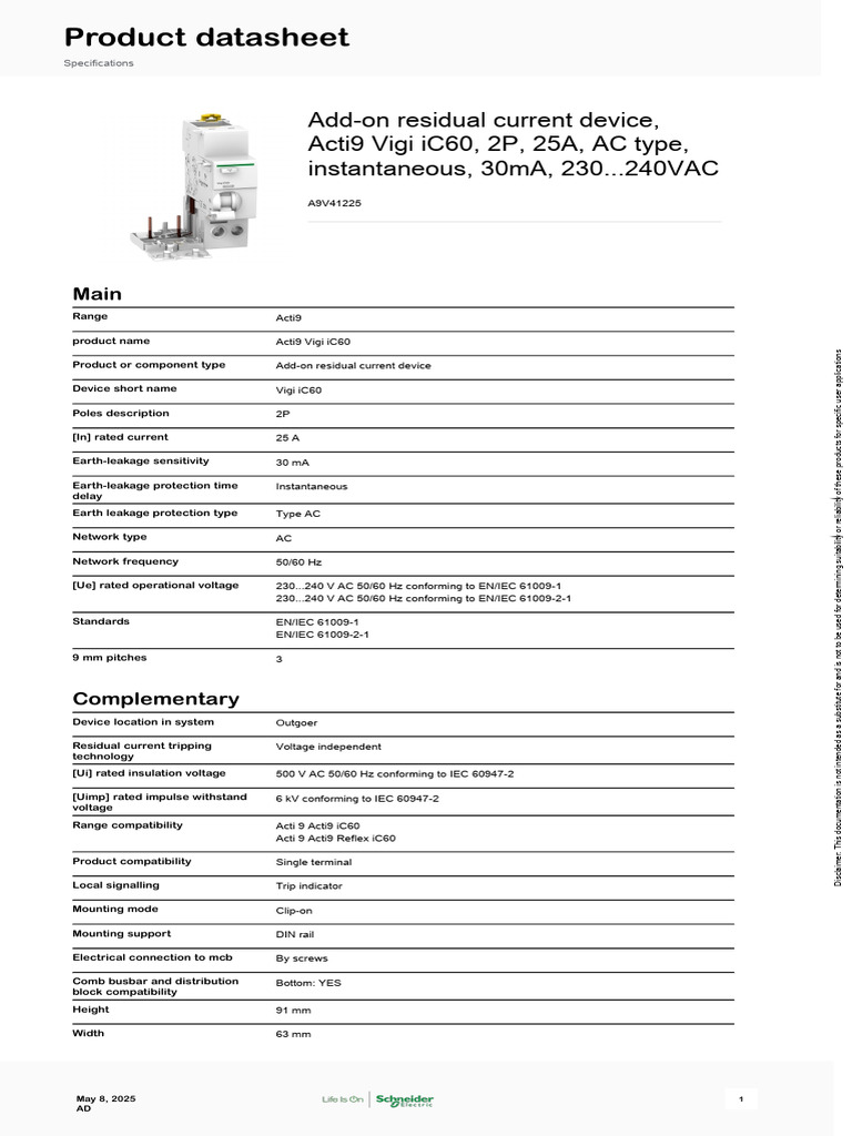 Schneider Electric_Acti9-iC60_A9V41225 | PDF | Alternating Current | Electrical Components