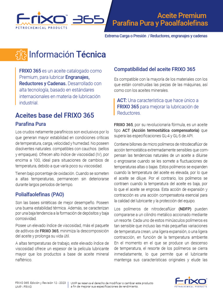 Aceite Premium FRIXO 365 para Lubricación | PDF | Lubricante | Engranaje