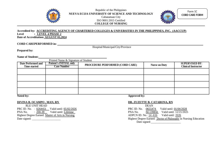CASE FORM Form 1C CORD CARE | PDF