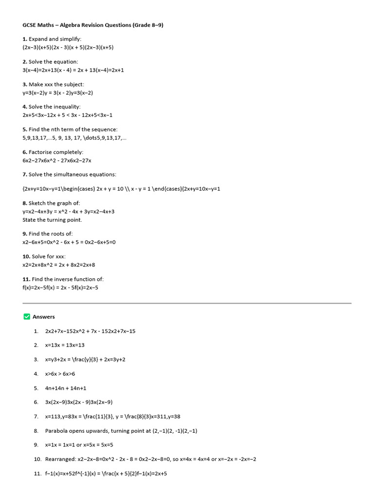 Year 8-9 Algebra Revision Questions | PDF