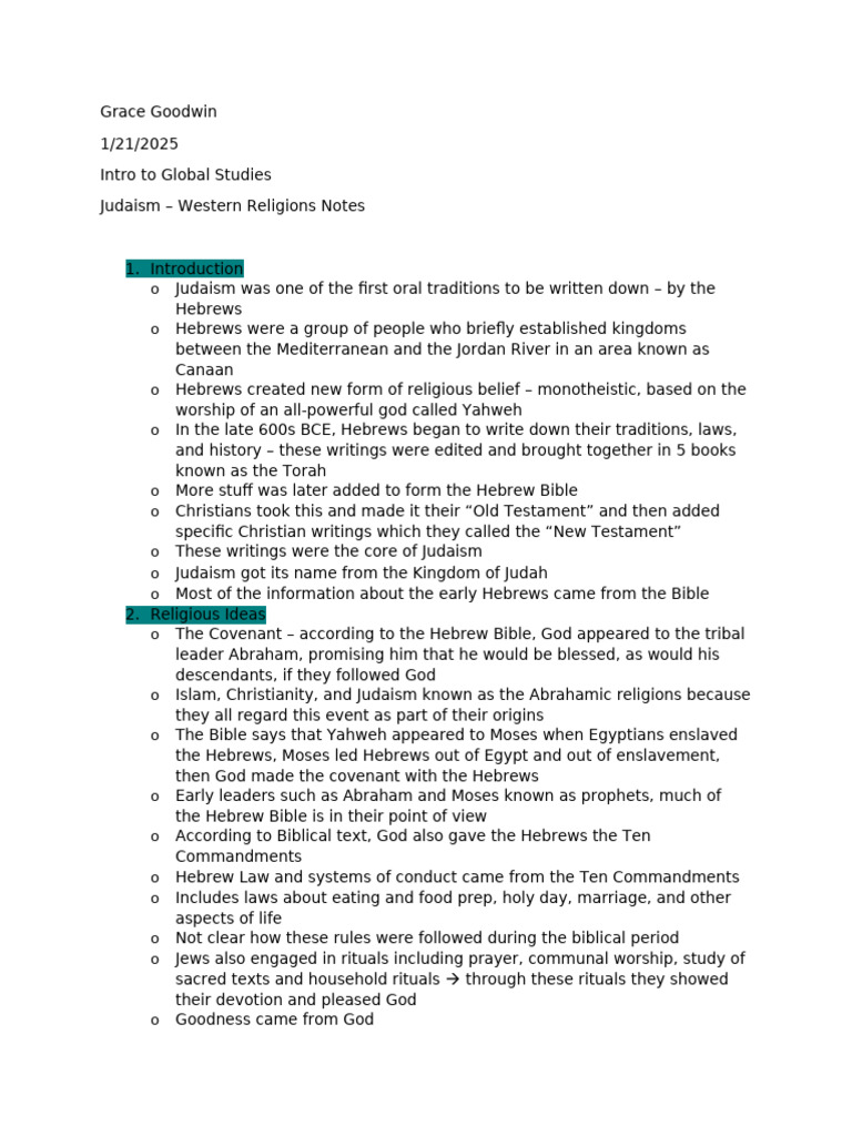 Judaism - Western Religions Notes | PDF | Hebrew Bible | Israelites