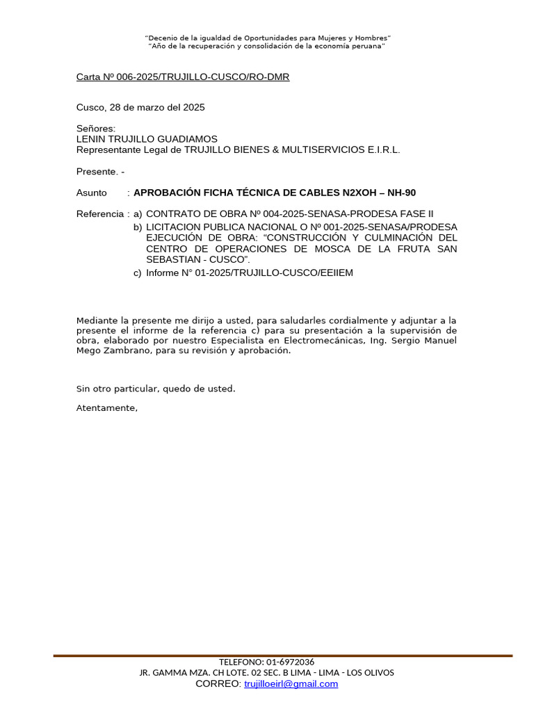 Carta 006 - Entrega de Cables | PDF