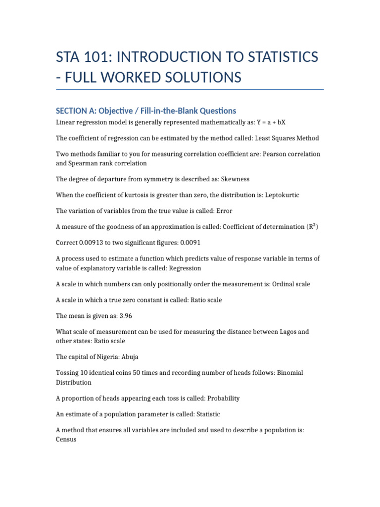 STA101 Full Worked Solutions | PDF | Regression Analysis | Standard Deviation