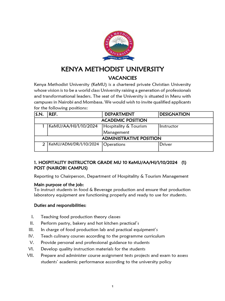 Job Openings at Kenya Methodist University | PDF | Driving