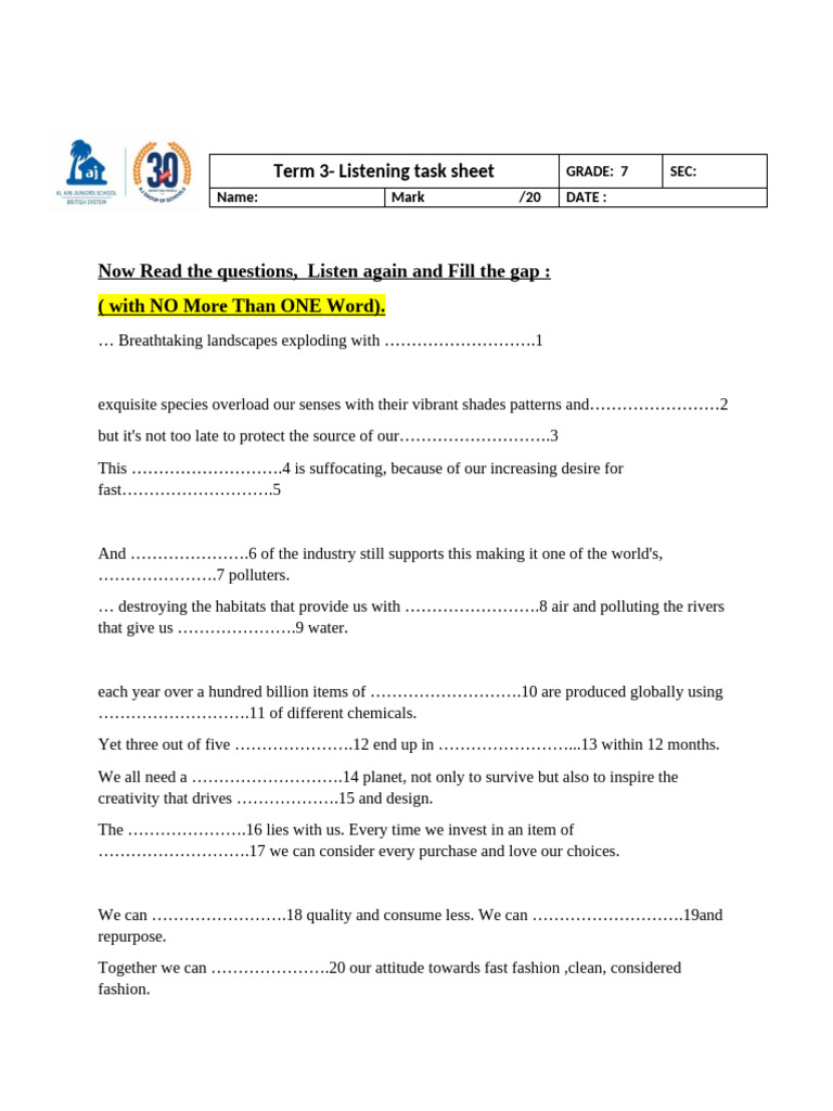 Fast Fashion Listening Gap Fill Exercise | PDF