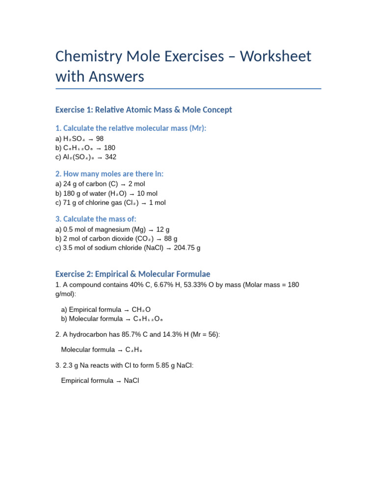 Chemistry Mole Exercises With Answers | PDF