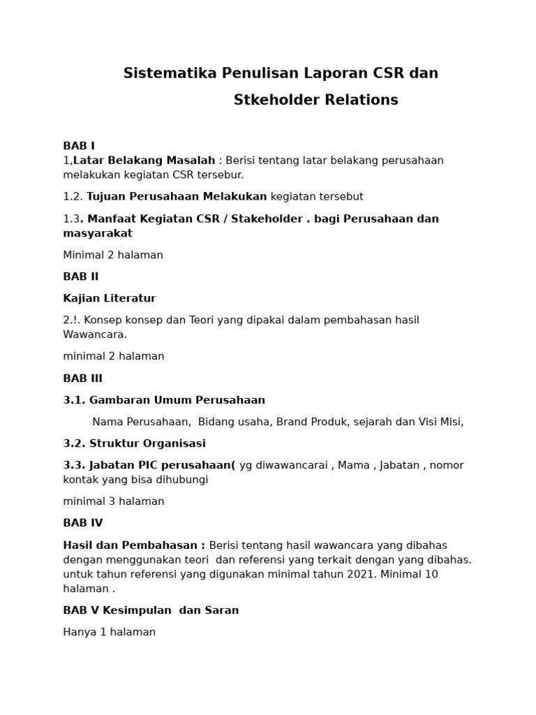 Sistematika Penulisan Laporan CSR Dan | PDF