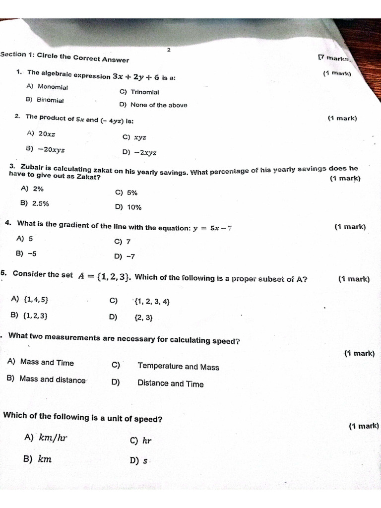 Past Paper Math Class 7 | PDF