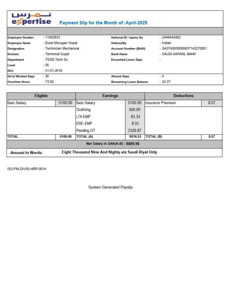 Payslip April-2025 11002833 | PDF