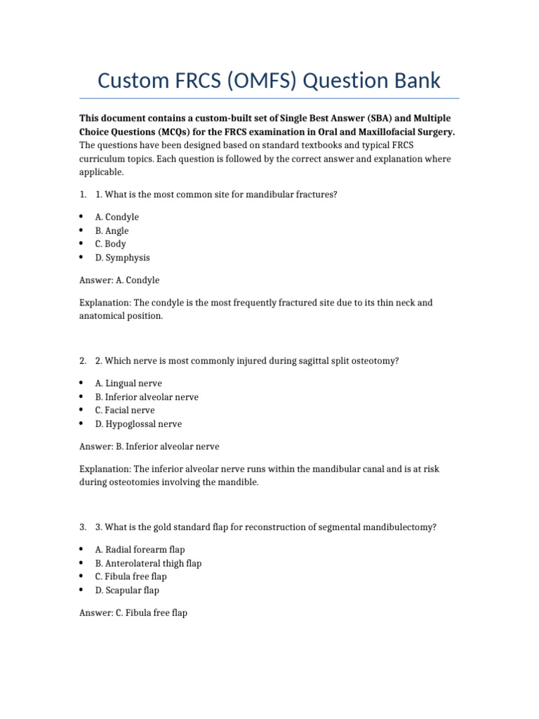 Custom FRCS OMFS Question Bank | PDF