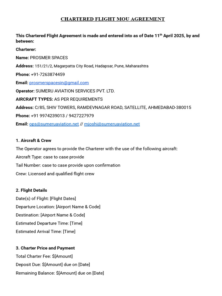 CHARTERED FLIGHT MOU AGREEMENT | PDF | Aviation | Insurance