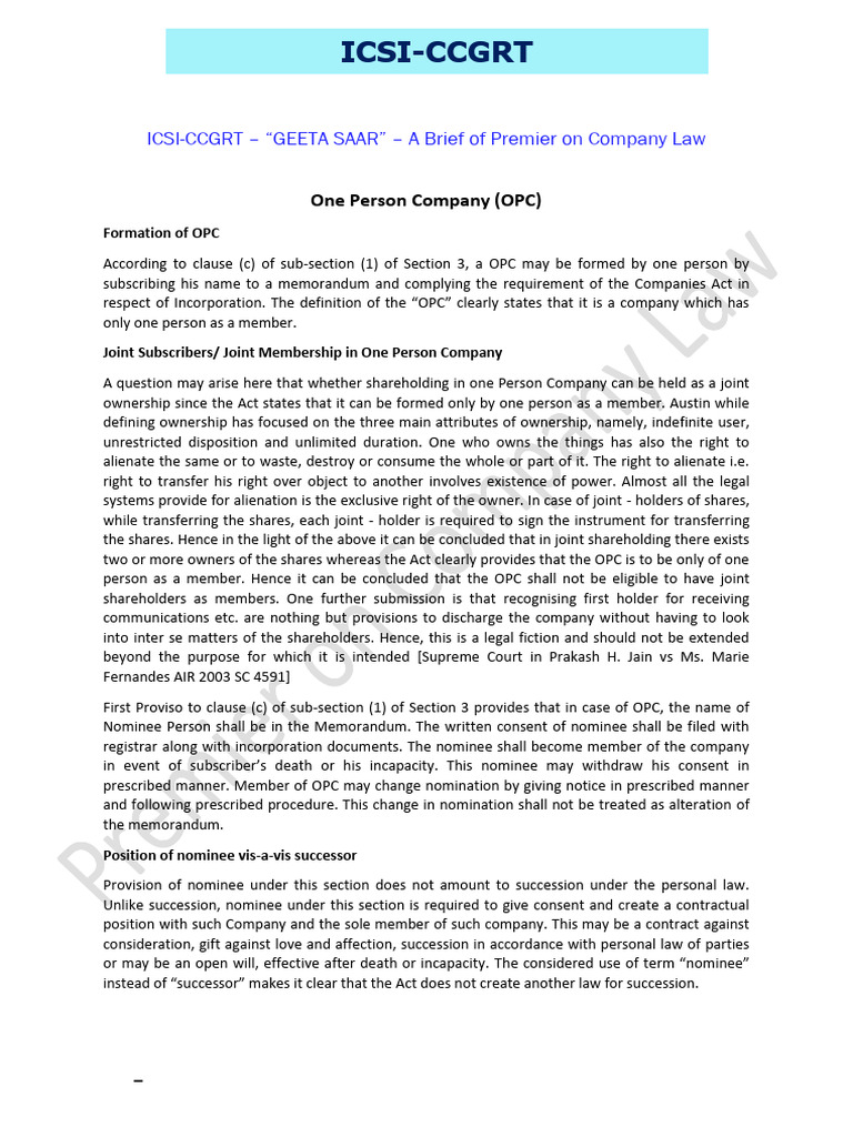 ICSI CGRT-Geeta Saar-4-Sec 3 (1) (C) - OPC & Its Membership | PDF ...