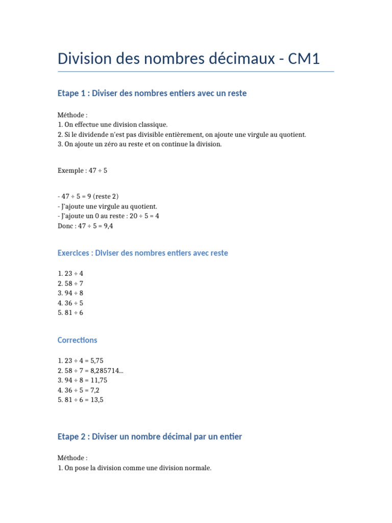 Division des Nombres Décimaux - CM1 | PDF