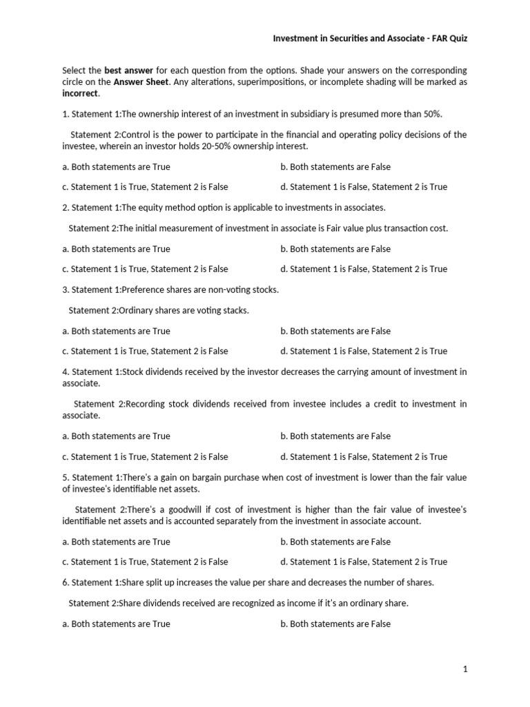 Investment in Associates and Securities Quiz-1 | PDF | Investing ...