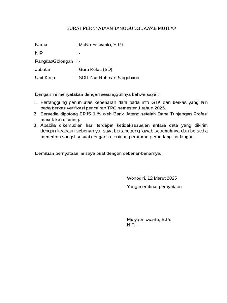 SURAT PERNYATAAN TANGGUNG JAWAB MUTLAK | PDF