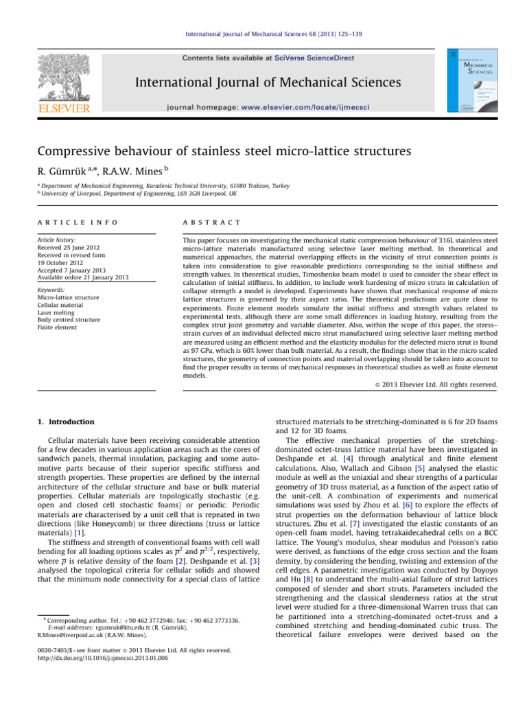 Compressive Behaviour of Stainless Steel Micro-Lattice Structures | PDF ...
