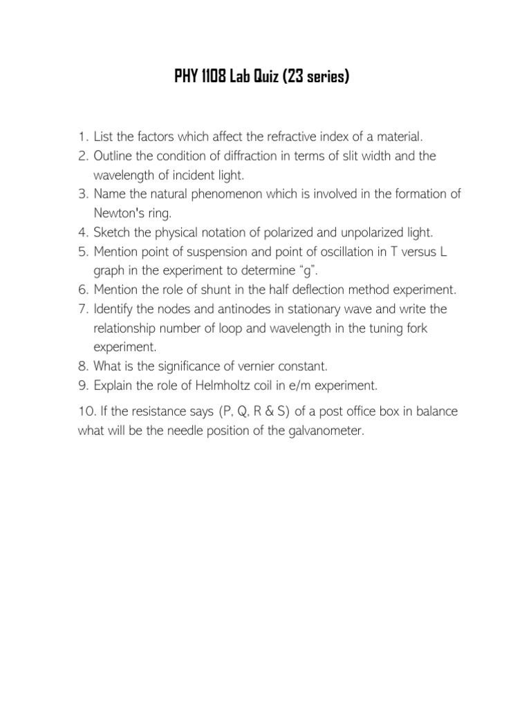 PHY 1108 Lab Quiz: Key Concepts Explained | PDF