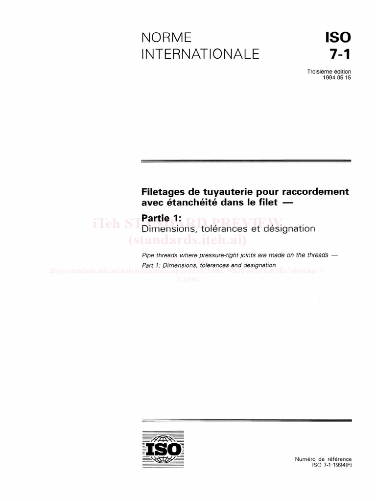 Norme ISO 7-1: Dimensions des filetages | PDF | Organisation ...