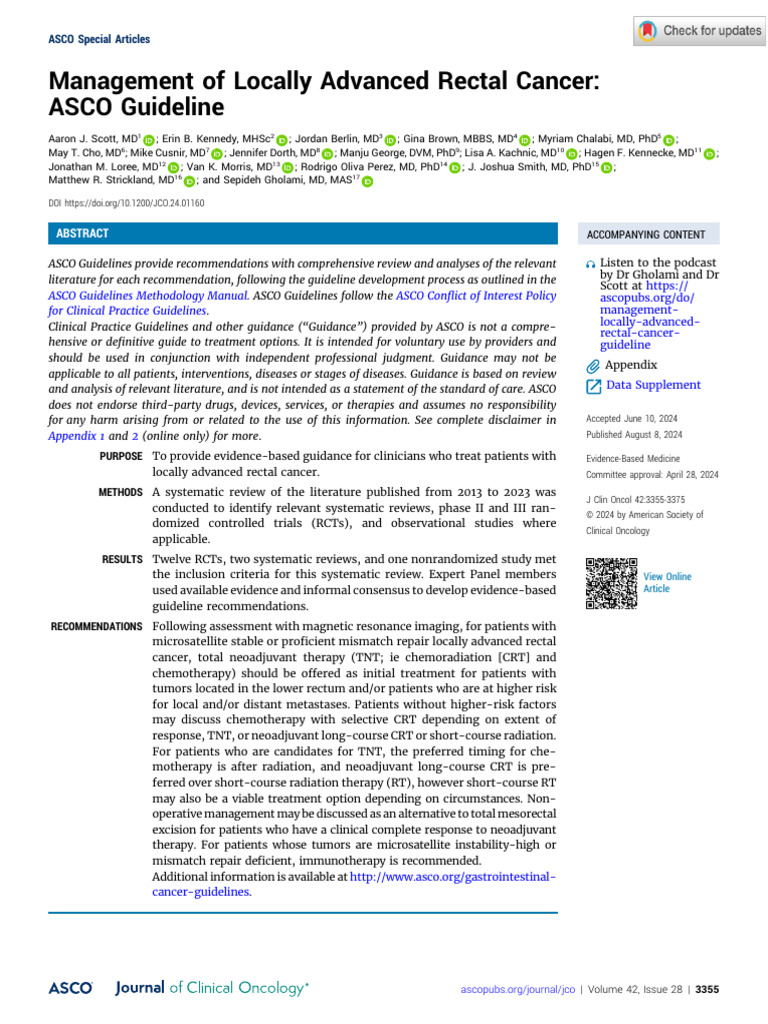 Scott Et Al 2024 Management of Locally Advanced Rectal Cancer Asco Guideline | PDF | Colorectal ...
