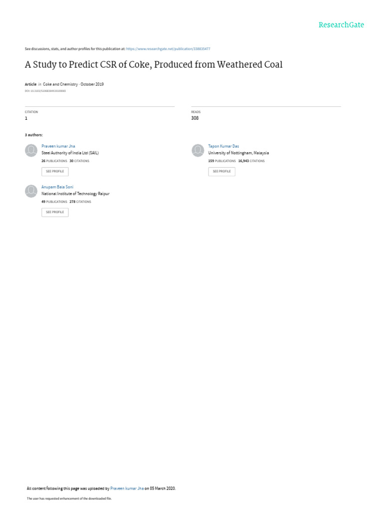 QC - Oxd A Study To Predict CSR of Coke Predict From Weathered Coal ...
