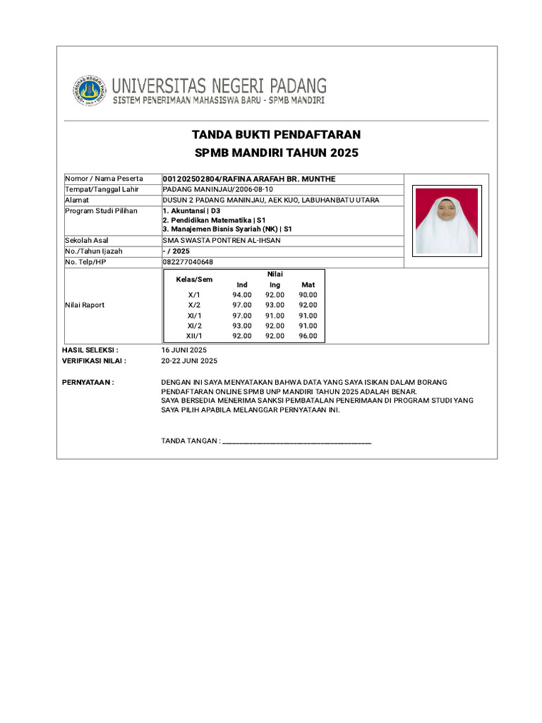 Kartu Ujian UNP | PDF