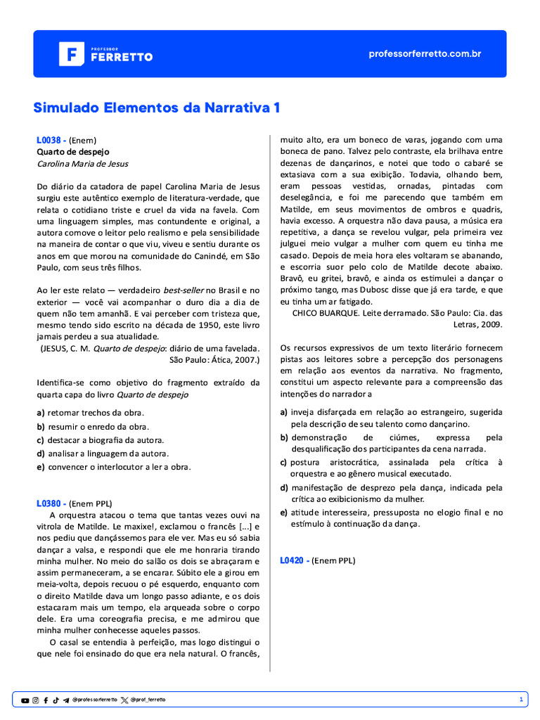 Literatura - Elementos Da Narrativa-Simulado Elementos Da Narrativa 1 ...