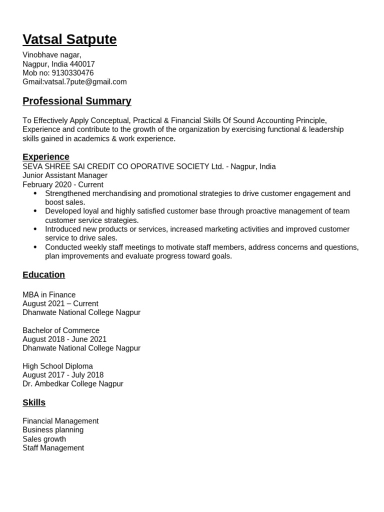 Vatsal Satpute Resume | PDF