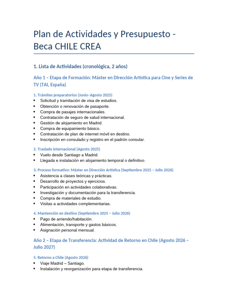 Plan Actividades Presupuesto Beca CHILE CREA | PDF