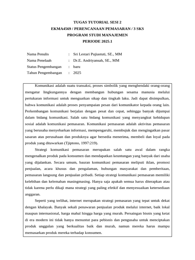 Tugas 2 - Perencanaan Pemasaran | PDF