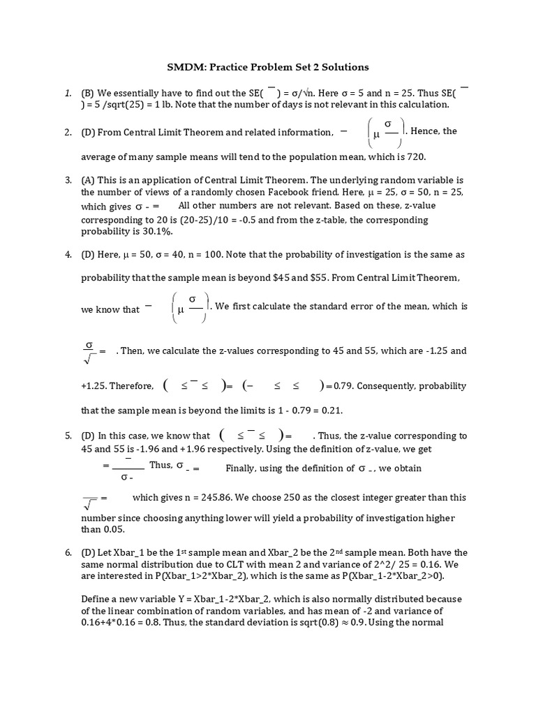 Practice Set 2 Solutions | PDF | Variance | Normal Distribution