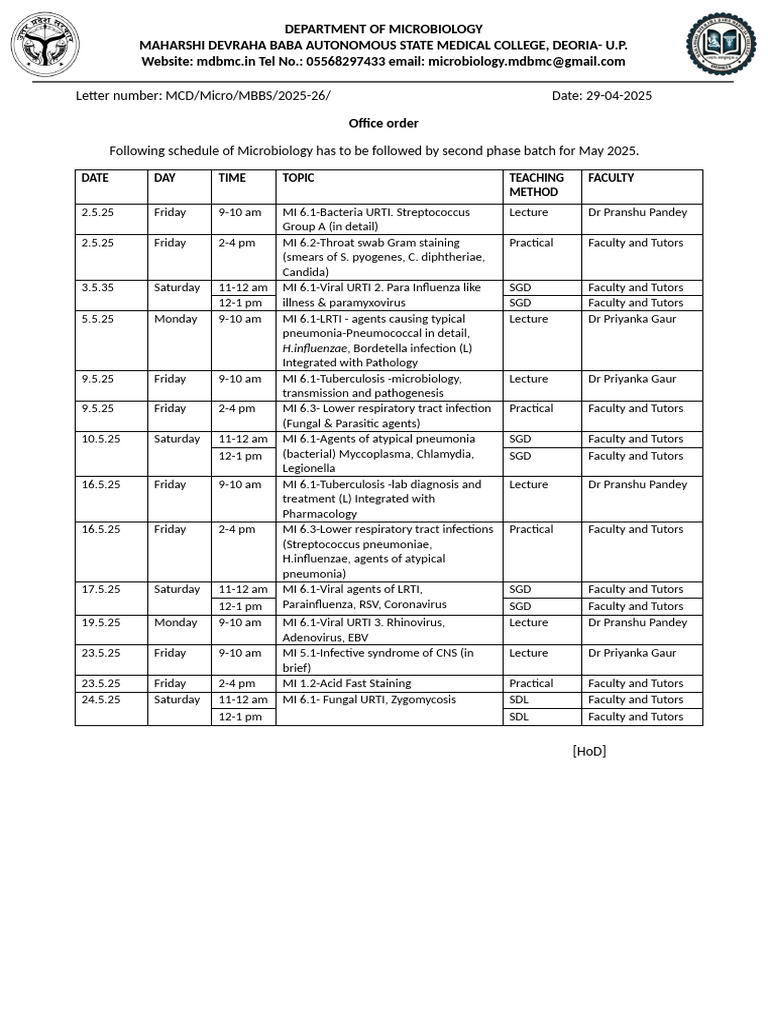 Lecture Schedule May 25 | PDF | Pneumonia | Immunology