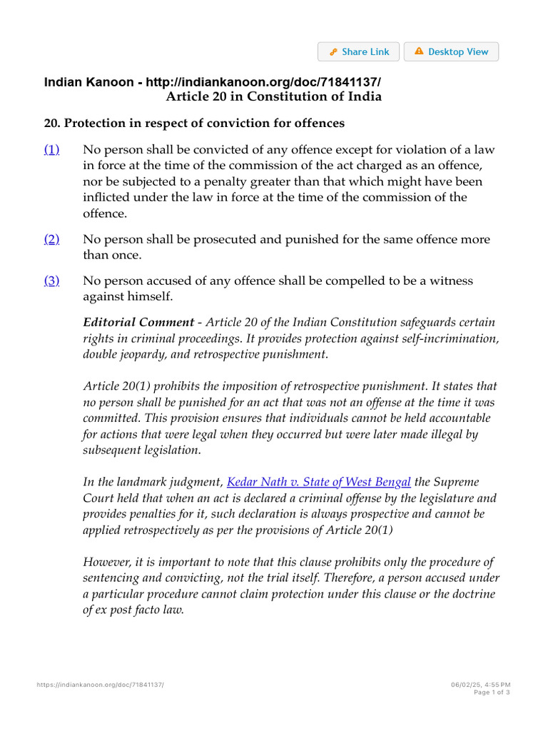 Article 20 in Constitution of India | PDF | Ex Post Facto Law | Legal ...