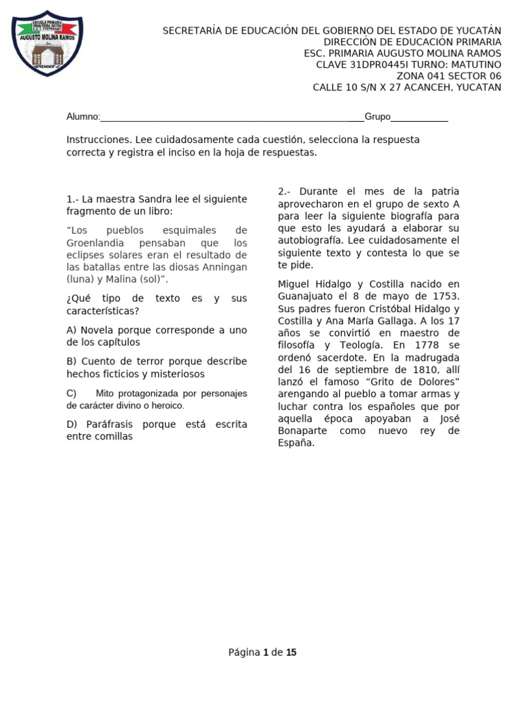 Examen Olimpiada del Conocimiento 2024 | PDF | México