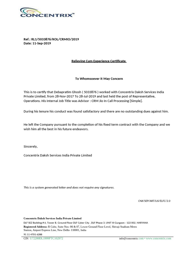 Concentrix Relieving and Experience Letter | PDF