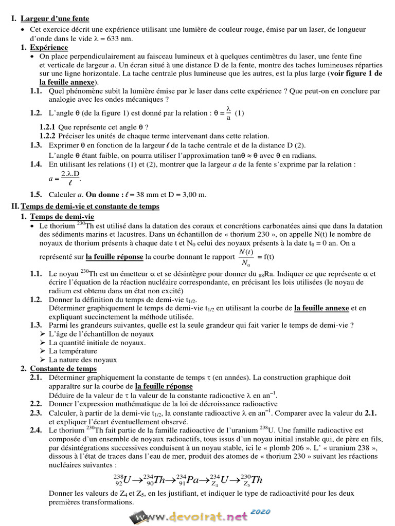 Série D'exercices N°1 Avec Correction - Sciences Physiques - Révision ...
