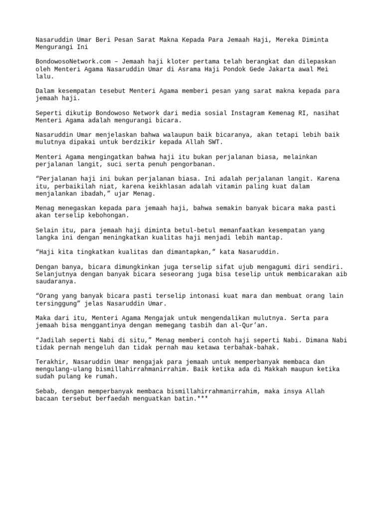 Nasaruddin Umar Beri Pesan Sarat Makna Kepada para Jemaah Haji, Mereka Diminta Mengurangi Ini | PDF